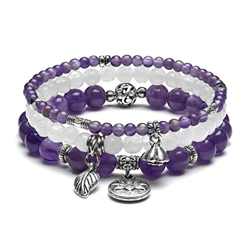 Jovivi 3pcs Amethyst Crystal Beaded Chakra Bracelet Natural Healing Energy Beads Stone Therapy Reiki Stackable Stretch Bracelets Set for Women