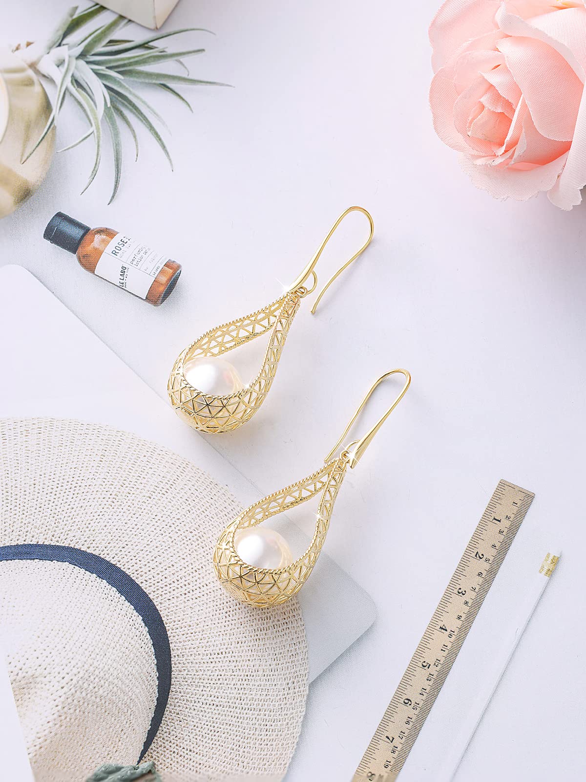 Big White Pearl Dangle Pierced Earrings for Women (White-14K Gold)