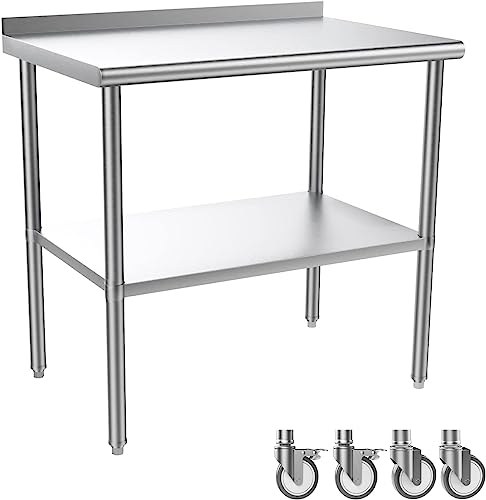 ROVSUN 36' x 24'' Stainless Steel Table for Prep & Work,Commercial Worktables & Workstations,Heavy Duty Metal Table with Wheels & Backsplash for Kitchen, Restaurant,Home
