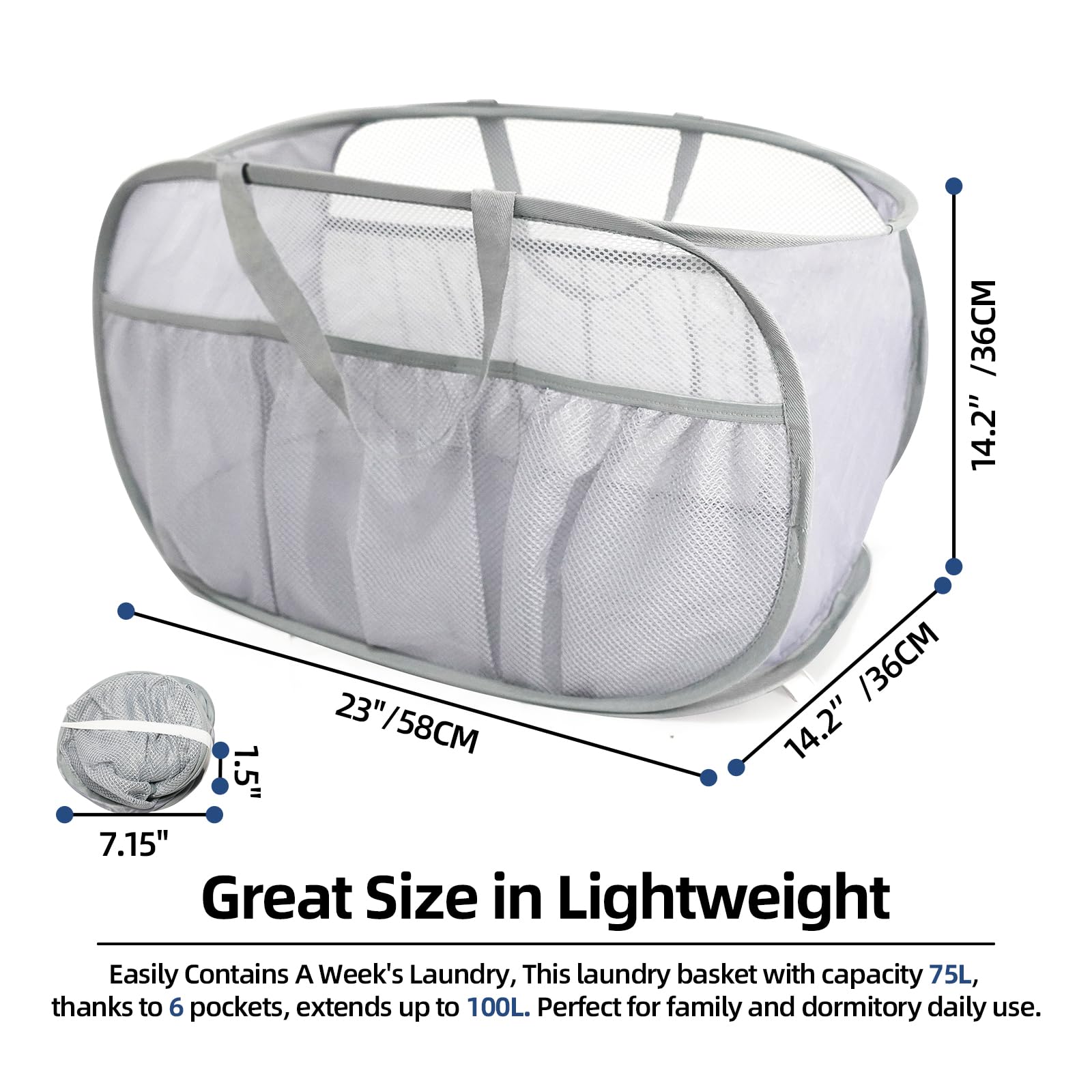 Collapsible Laundry Baskets, Upgrade Pop Up Laundry Hamper with Convenient Bags, Foldable Laundry Basket Mesh Light Weight, Easy to Carry Clothes Hampers for Laundry, Dorm, Toys, Travel Grey