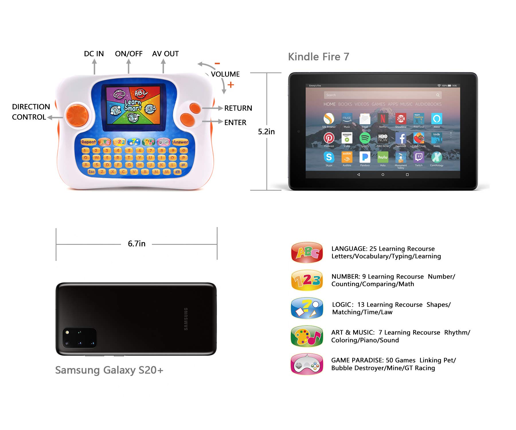 Learn Smart Handheld Language Learning Machine Early Education Device PDA Style Learning Resource 104 Learning Activities&Game English/Spanish Bilingual Support TV-Out Function 2.7”inch TFT Screen