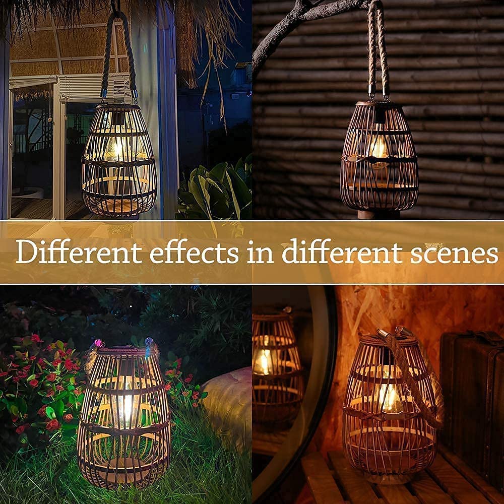 pearlstar Outdoor Solar Lantern Hanging Lights Natural Rattan Solar Lantern with Handle, Waterproof Large Solar Lights Table Lamp for Yard Garden Patio Wedding Home Decoration, Edison Bulb