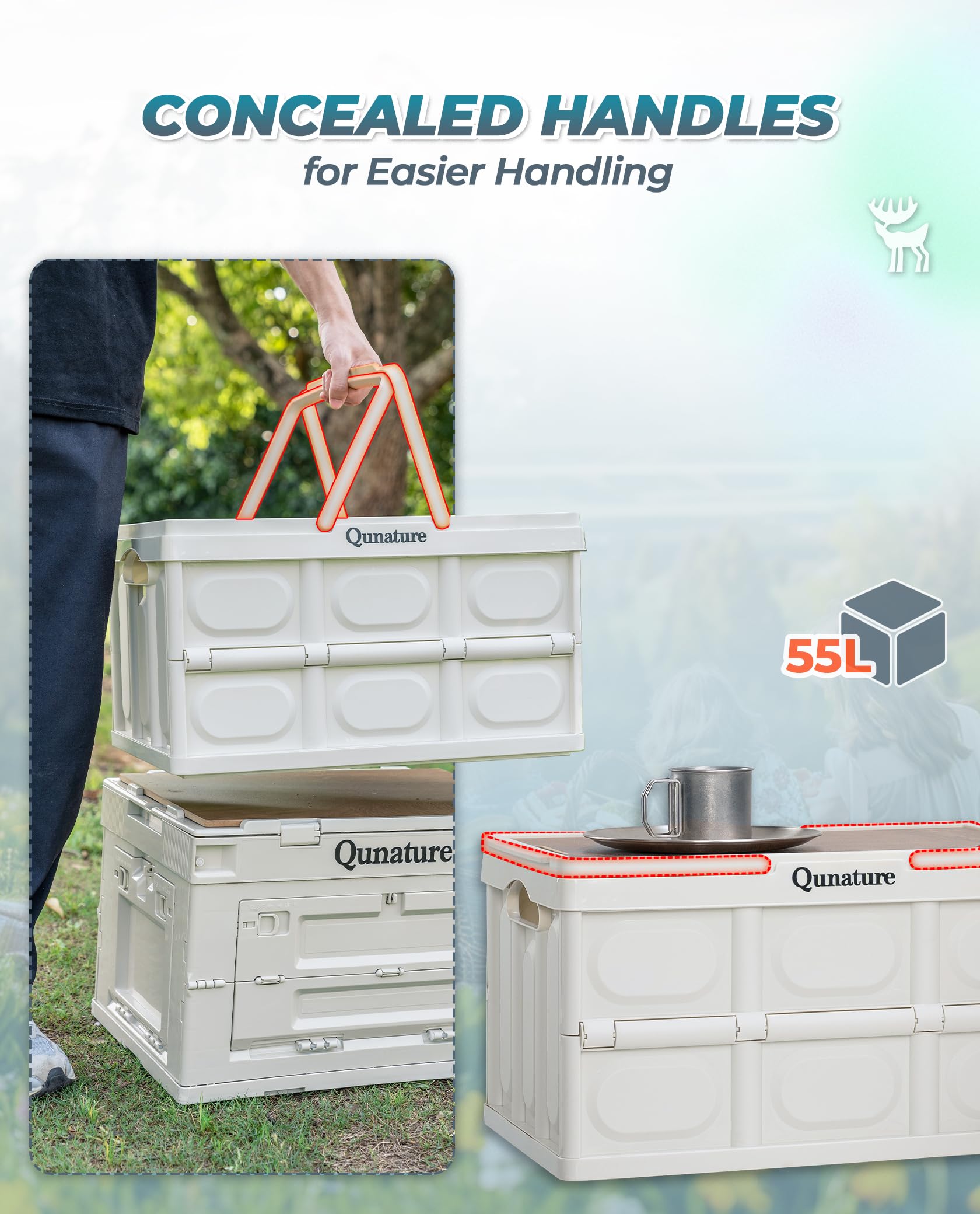 Collapsible Storage Bins Box with Lids and Handle 55L Camping Storage Box Foldable Plastic Storage Bin for Fishing Car RV, Office