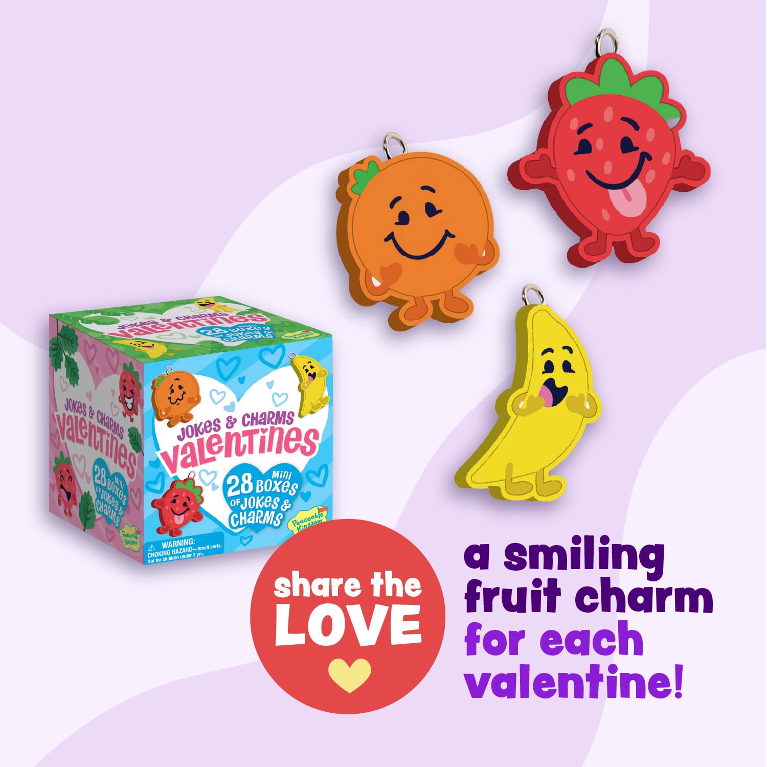 Peaceable Kingdom Valentines Cards for Kids Classroom, Set of 28 Valentines Day Gifts - Silly Jokes with Fruit Charms