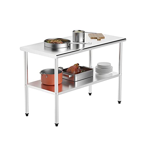 ROVSUN 48'' x 24'' Stainless Steel Table for Prep & Work,Commercial Worktables & Workstations,Heavy Duty Metal Table with Adjustable UnderShelf for Kitchen, Restaurant,Home,Hotel,Outdoor