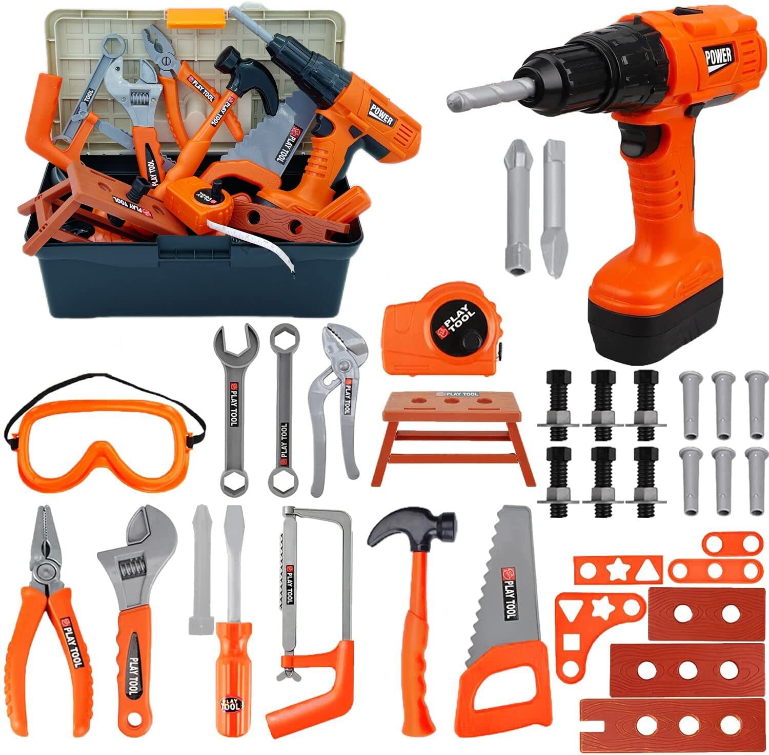 Mscredse Kids Tool Set kit Pretend Play Set Toddler Tool Toys with Construction 48Pcs Electric Drill Gifts for Boys Girls Kids Toddlers Ages 3 4 5 6 7 8 Years up (Orange)