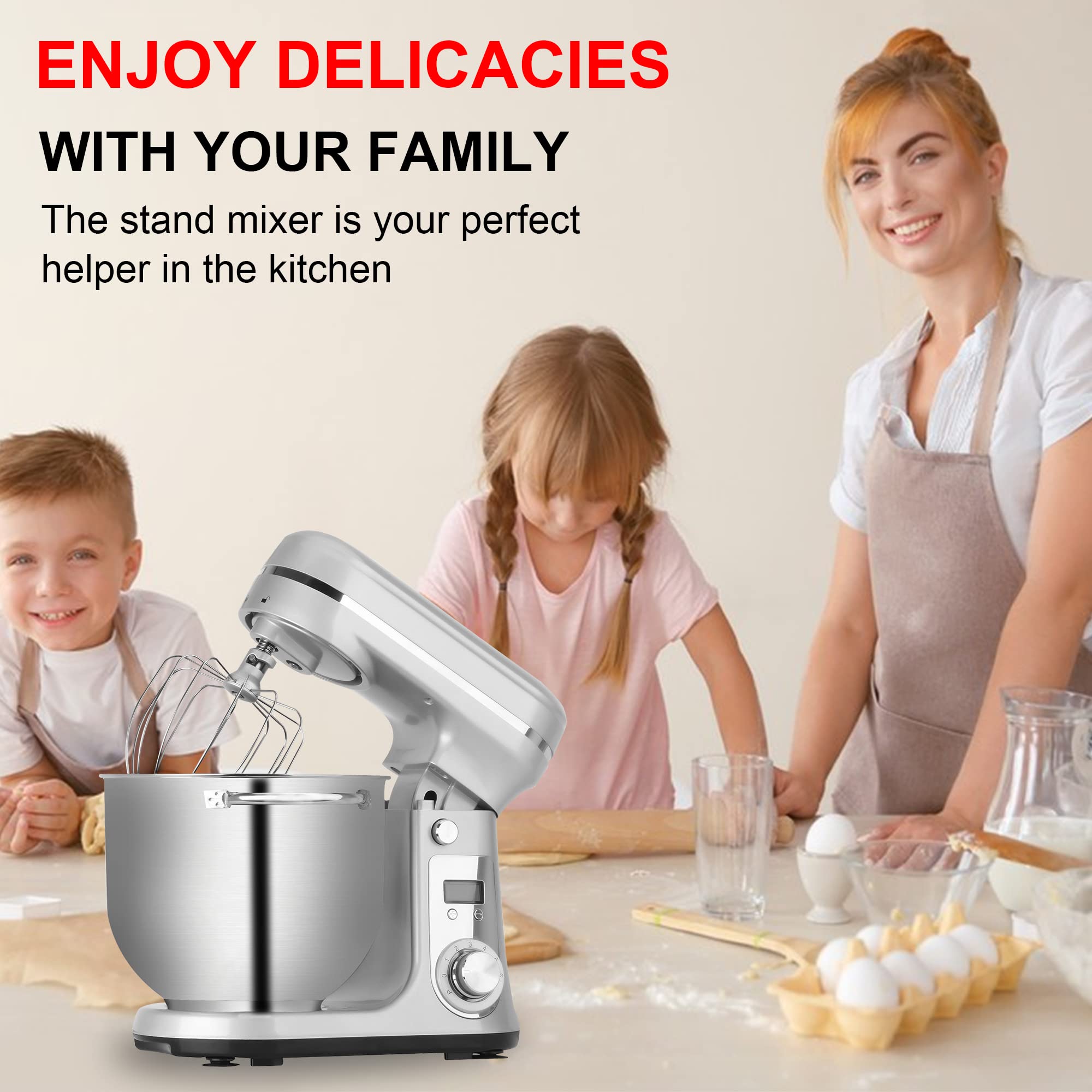 Biolomix Kitchen Electric Stand Mixer, 6-Speed Tilt-Head Food Mixer with 6.5-QT Stainless Steel Bowl, Dough Hook, Flat Beater, Whisk and Anti-Splash Cover (6.5-QT, Light Silver