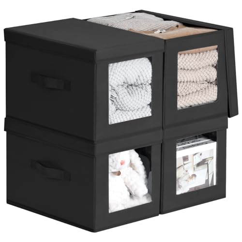 DIMJ Closet Storage Bins With Lids, Fabric Storage Boxes With Lids, Foldable Storage Cubes With Window, Decorative Fabric Storage Bins for Clothes Towel Books,4 Pack Black