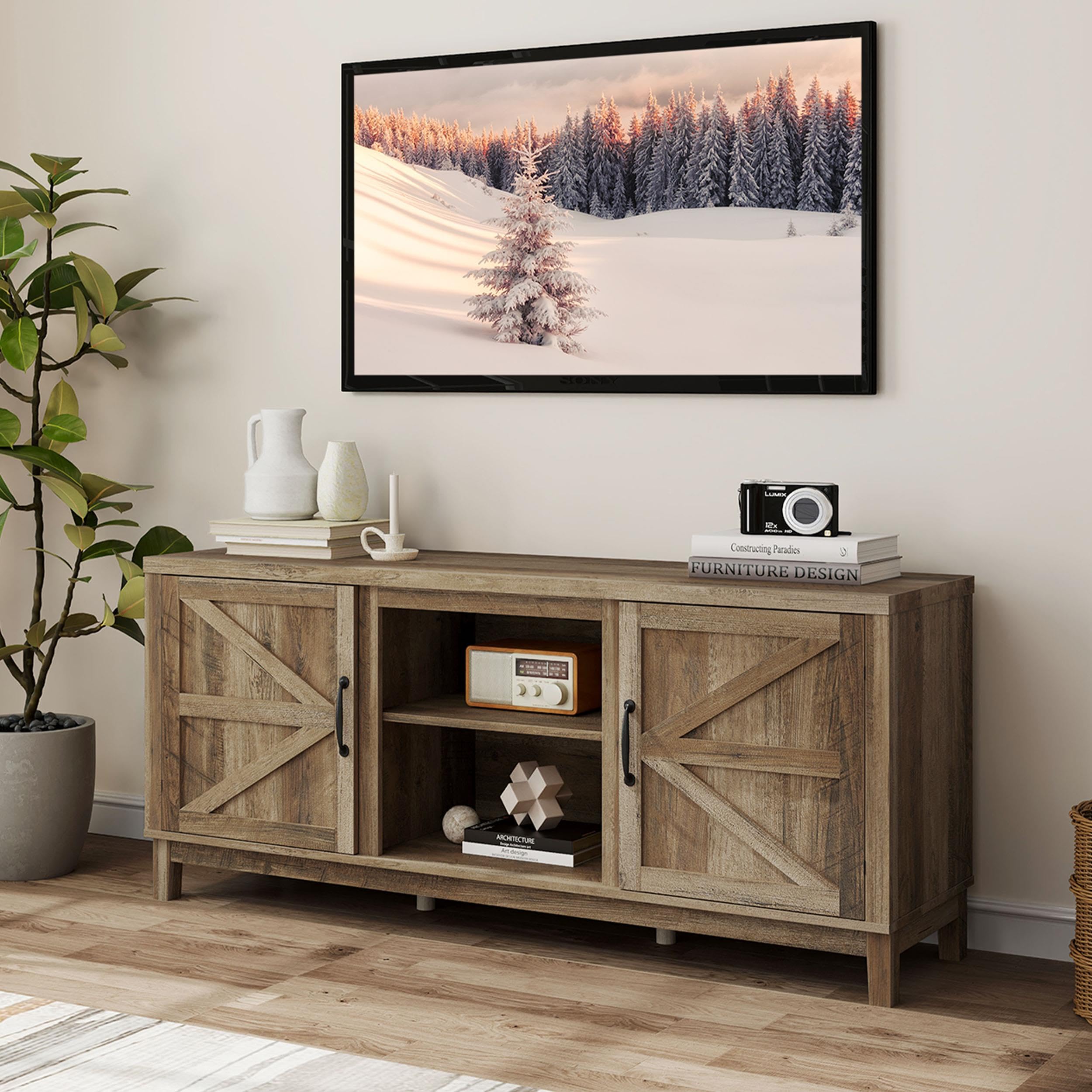 Yaheetech TV Stand Entertainment Center for 55 65 Inch TV, Farmhouse Storage TV Console Cabinet with Barn Doors for Living Room, Rustic Oak