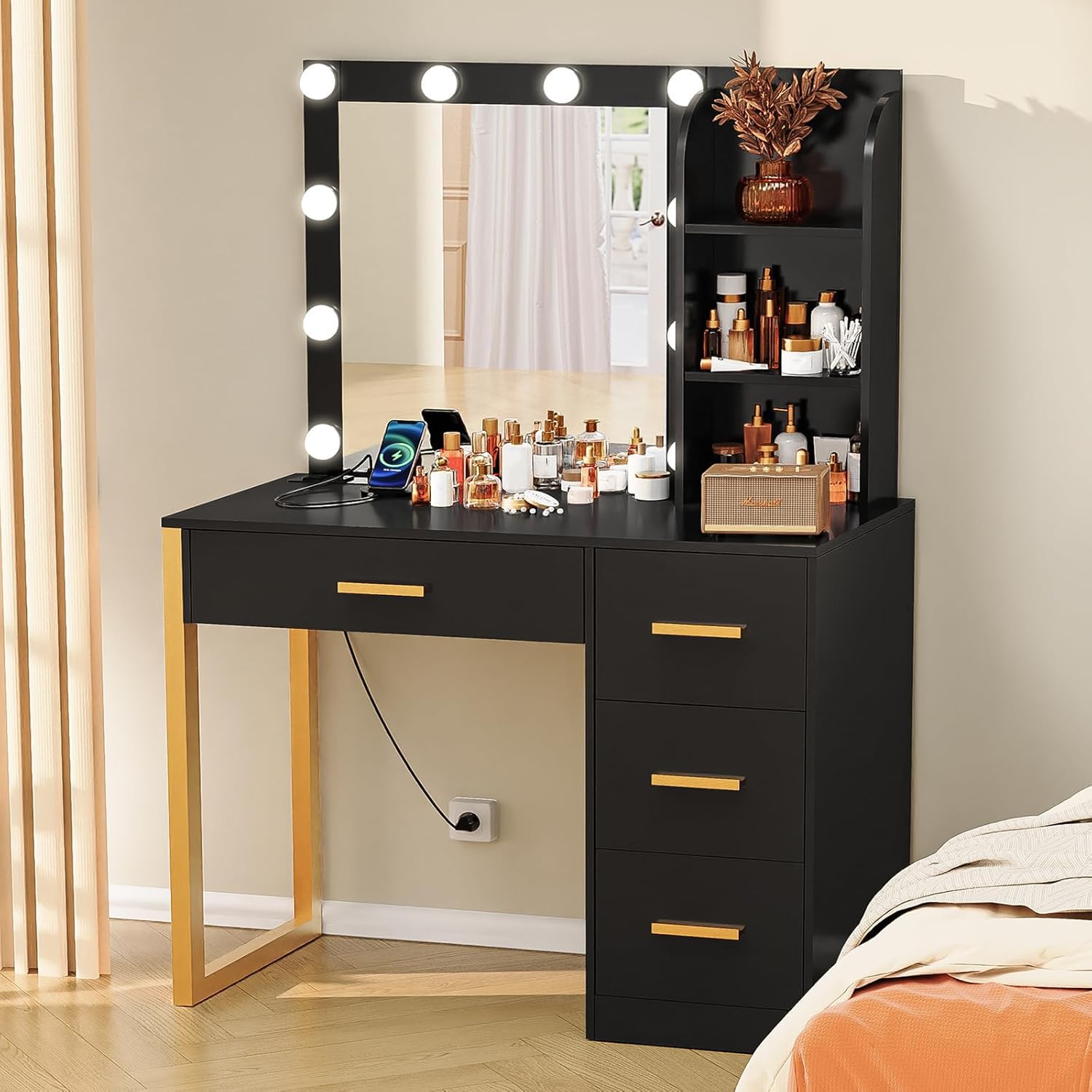 FIONESO Makeup Vanity Desk with Mirror & Lights, Vanity Desk with 4 Drawers & Charging Station, Dressing Vanity Table with Open Storage Shelves, 3 Color Modes, Vanity Table for Bedroom, White