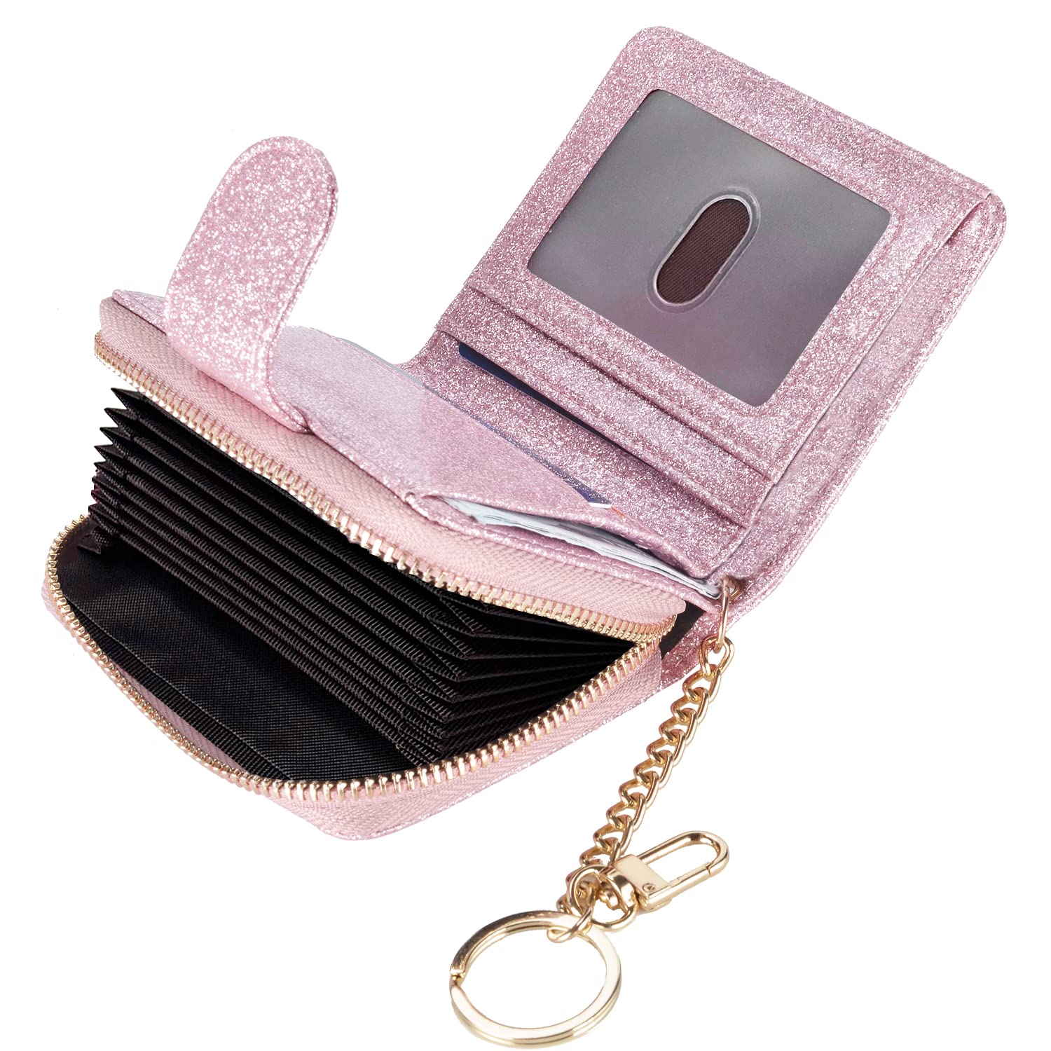 Beurlike Women's RFID Credit Card Holder Organizer Case Leather Security Wallet (Upgrade a (10 Accordion/Key Ring) - Glitter RoseGold)