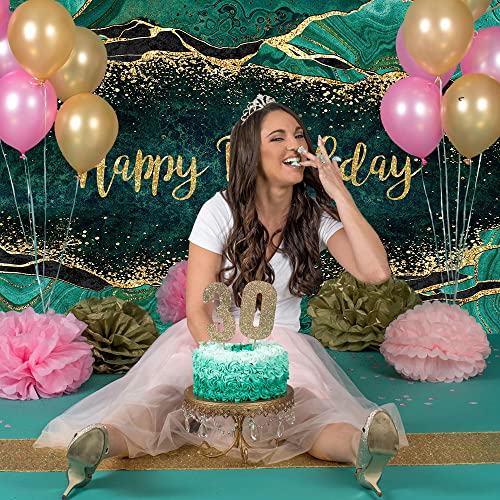 Crefelimas Emerald Green Happy Birthday Backdrop Green and Gold Birthday Party Decorations Turquoise Abstract Marble Fluid Men Women Birthday Background Props……