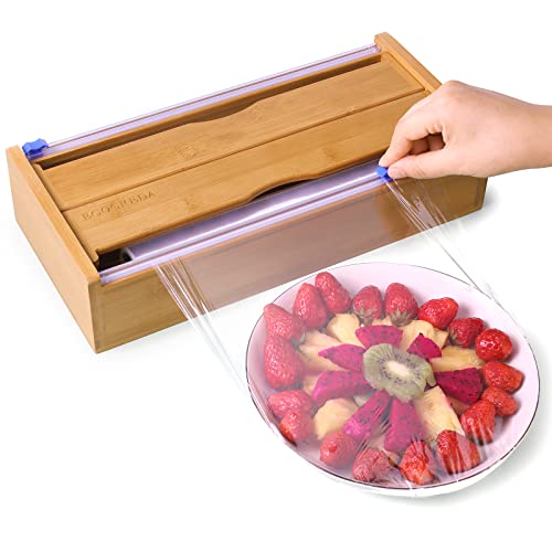 ECOGREDA Plastic Wrap Dispenser with Cutter,Bamboo Tin Foil Organizer for Drawer Cabinet, Suitable for Aluminum Foil Organization and Storage and Parchment Paper(2 in 1)