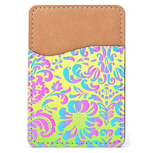 DistinctInk Adhesive Phone Wallet / Card Holder – Universal Vegan Leather Credit Card ID Adhesive Sleeve, Travel Light with Essential Items - Green Purple Blue Floral Pattern