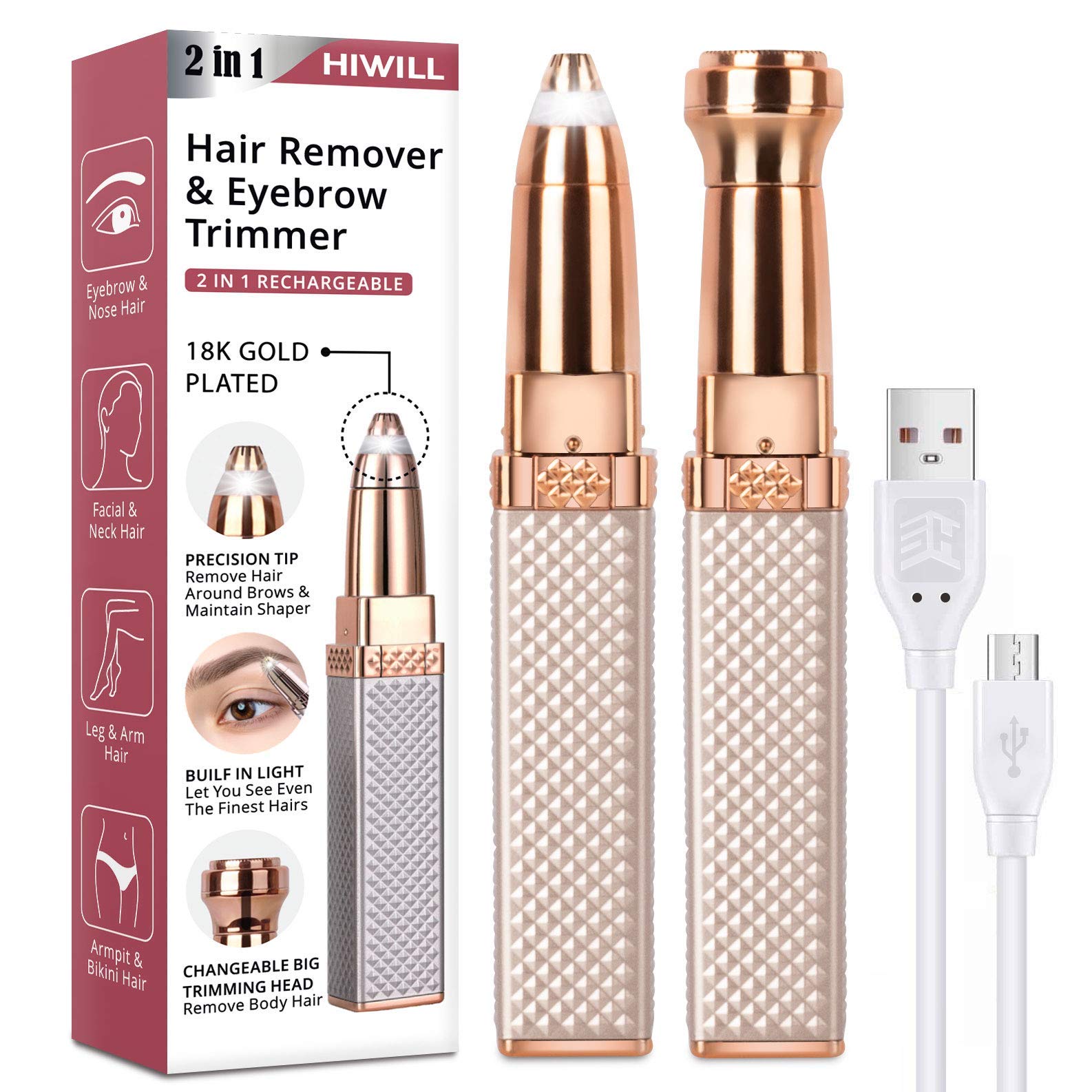 Eyebrow Trimmer & Facial Hair Removal for Women, 2 in 1 Eyebrow Razor and Painless Hair Shaver Rechargeable for Face Peach Fuzz, Eyebrow, Lips, Body, Chin, Arms with Built-in LED Light (Rose Gold)