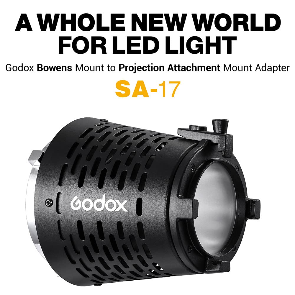 Godox SA-17 Bowens Mount Adapter with Godox SA-P Projection Attachment + SA-06 Iris Diaphragm + SA-09-001 GOBO Set + SA-10 GOBO Set Holder Create Theatrical Effect for Bowens Mount LED Video Light