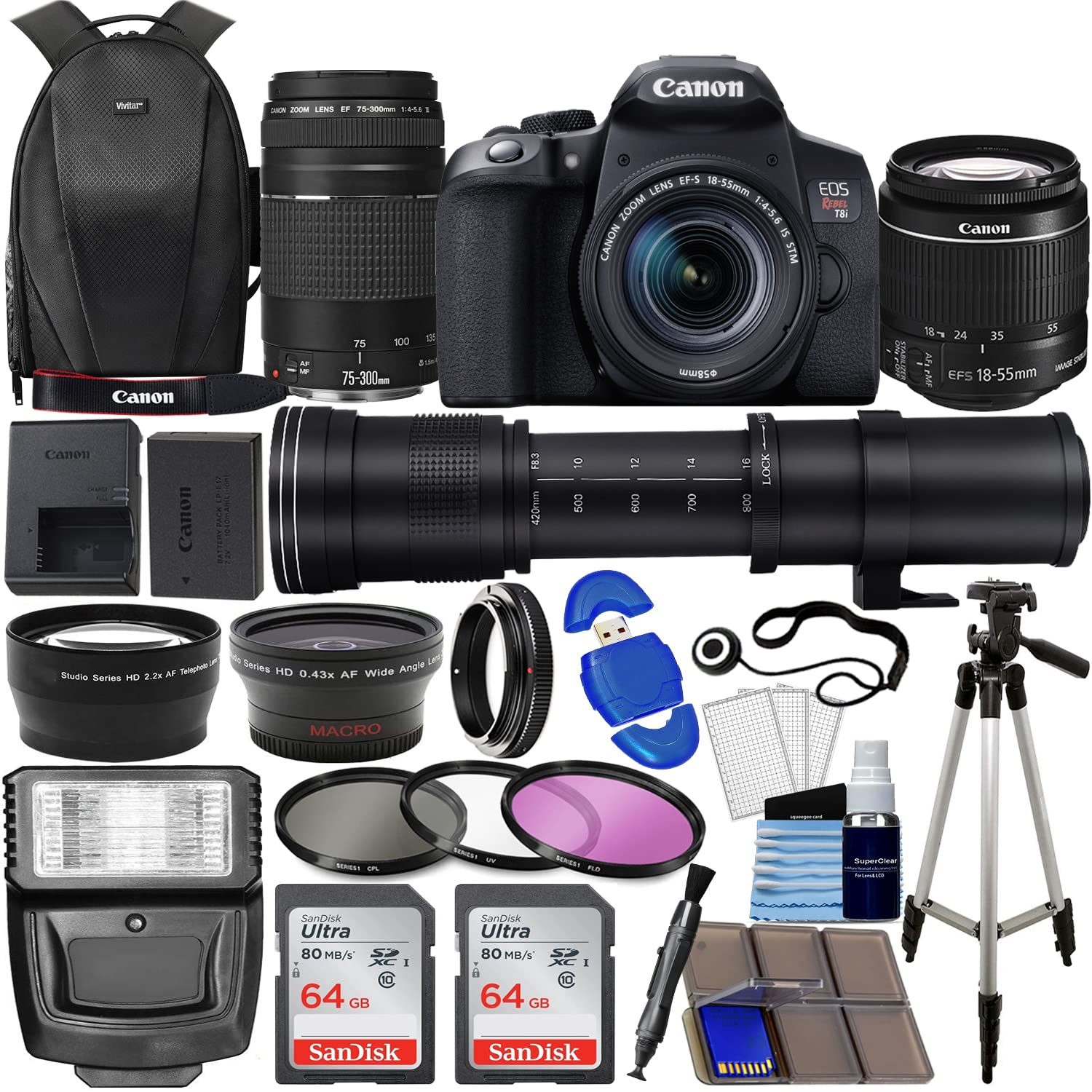 Canon EOS Rebel T8i DSLR Camera with 18-55mm Lens & 75-300mm Lens Bundle + 420-800mm Super Zoom Lens, Wide Angle & Telephoto Lens + 128GB Memory + Case + Tripod + 3pc Filter Kit + Pro Bundle, Black