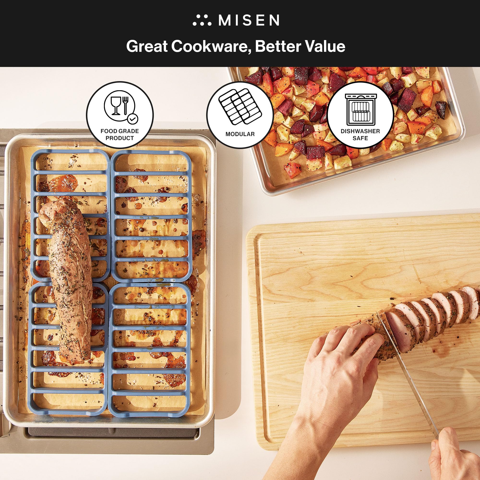 Misen Silicone Roasting Racks - Flexible 2-Piece Design, Maximum Airflow, Nonstick Surface, Easy to Clean, Perfect for Easy Sheet-Pan Dinners, No Scrubbing, High-Grade Silicone, Oven & Dishwasher Safe