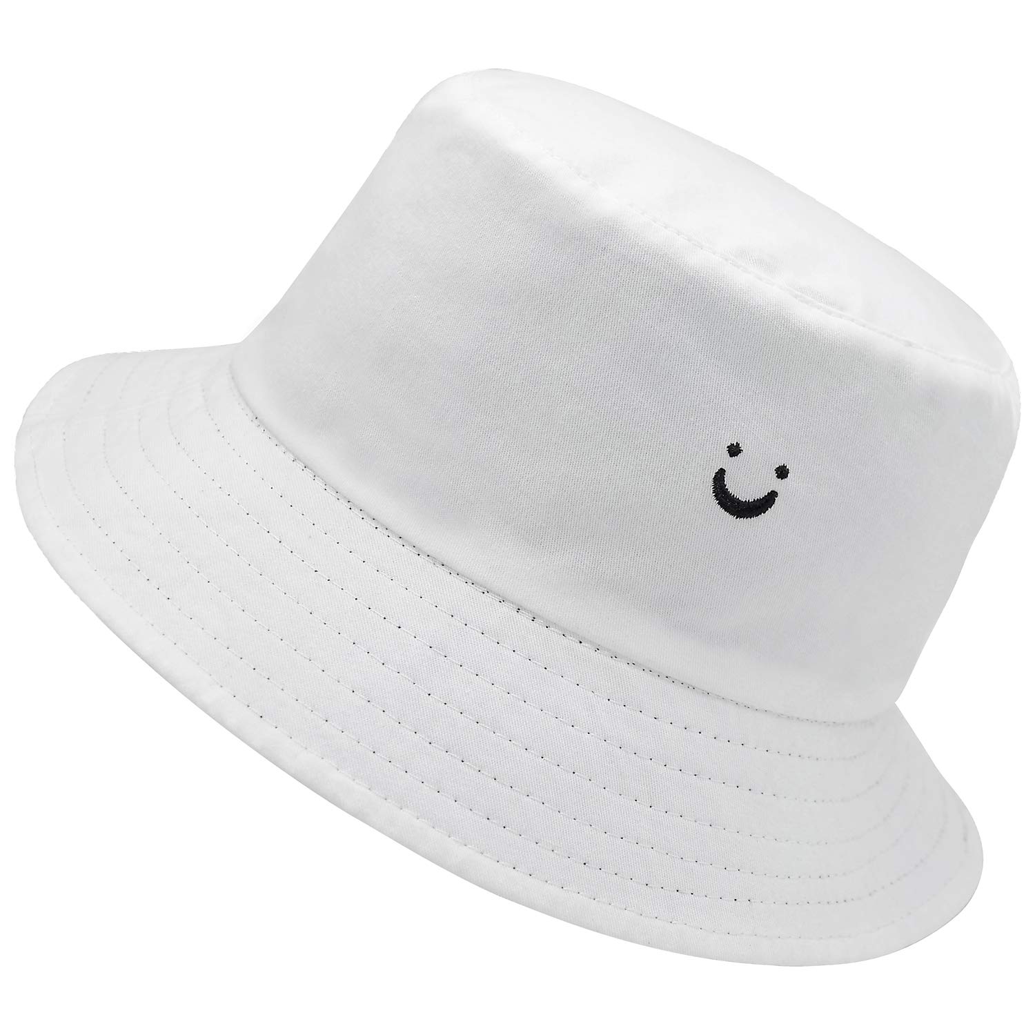 Bucket Hat Unisex 100% Cotton Smile Face Embroidery Reversible Hat Travel Bucket Beach Sun Hat Outdoor Cap
