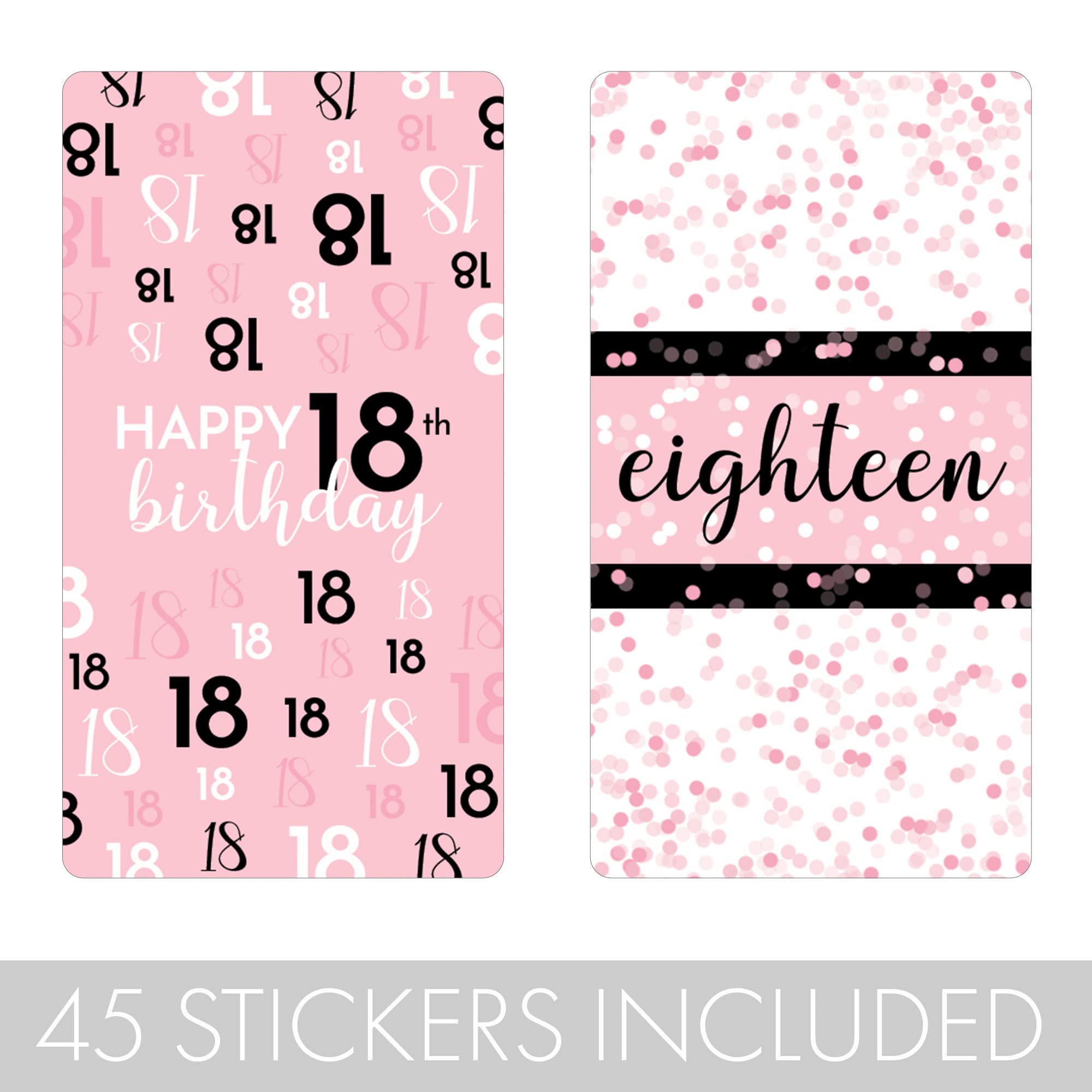 DISTINCTIVS Pink, Black, and White 18th Birthday Party Mini Candy Bar Wrappers - 45 Count, 18th Birthday Decorations for Girls Pink