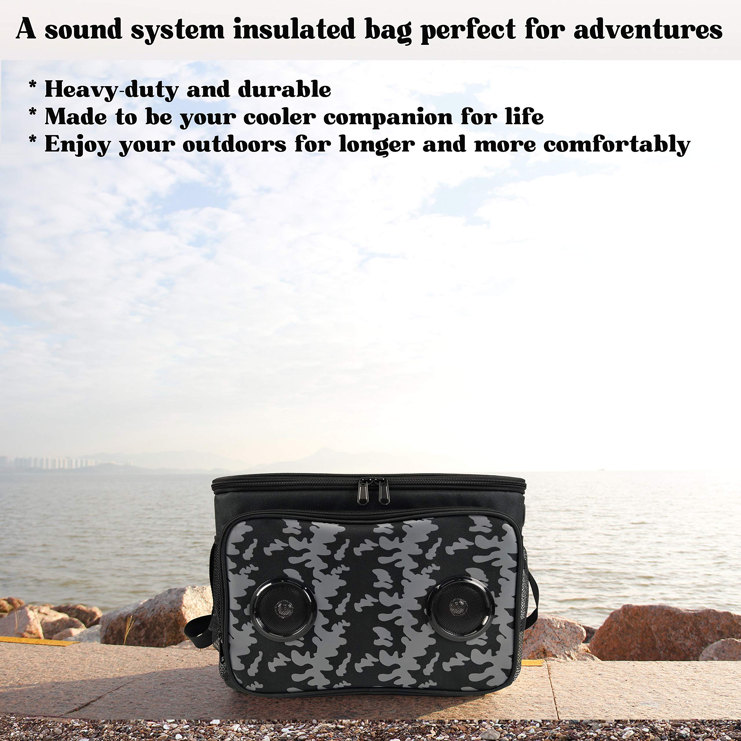 Beemojo Insulated Cooler Bag Bluetooth Speakers 24 cans 2 gallons Food Drinks | Rechargeable Battery Supports iOS & Android | Leakproof Foldable Travel Camping Hiking