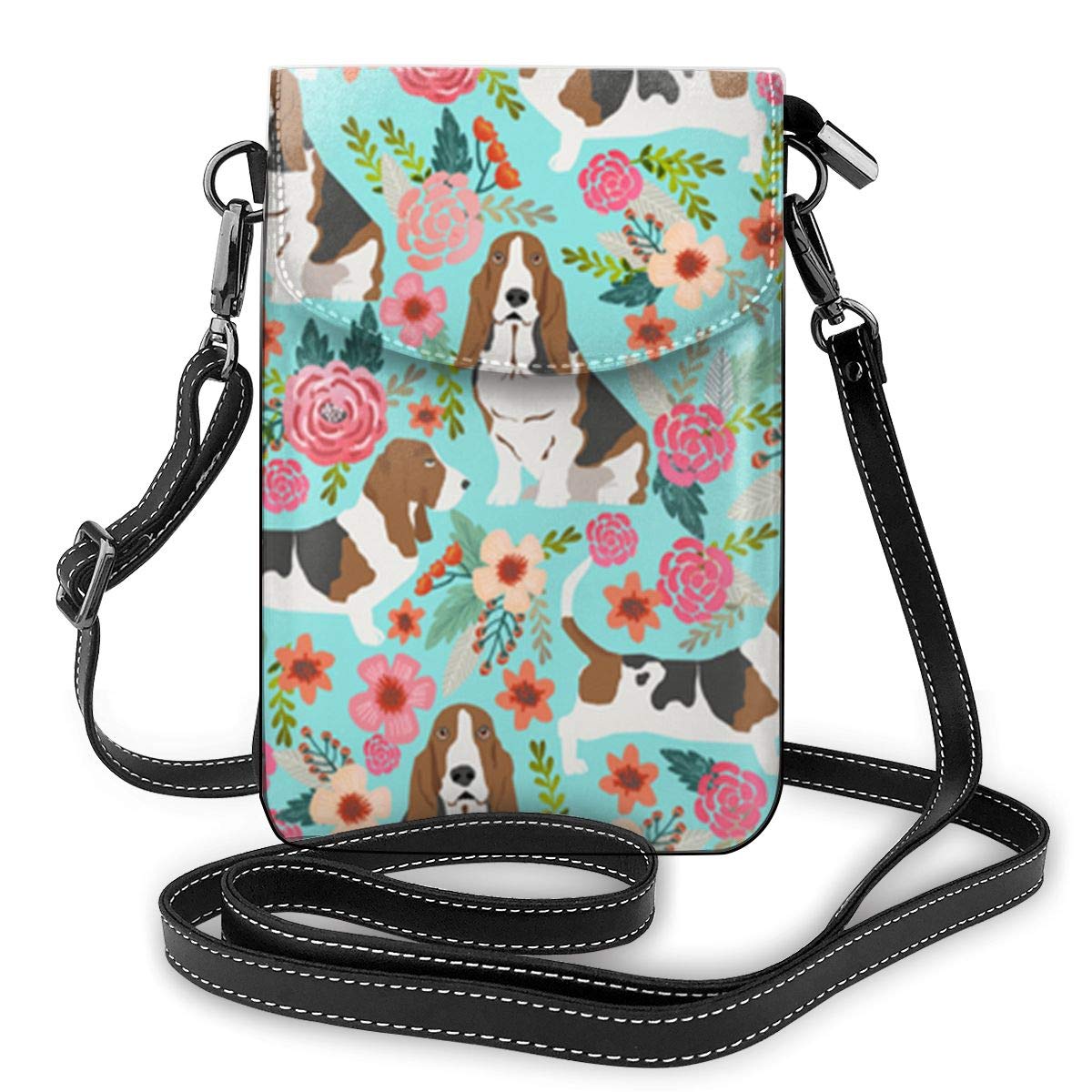 Perfect Gift - Stylish Sweet Basset Hound And Vintage Florals Cell Phone Purse Wallet Big Pocket Small Crossbody Bags Adjustable Shoulder Strap Cellphone Pouch With Card Slots