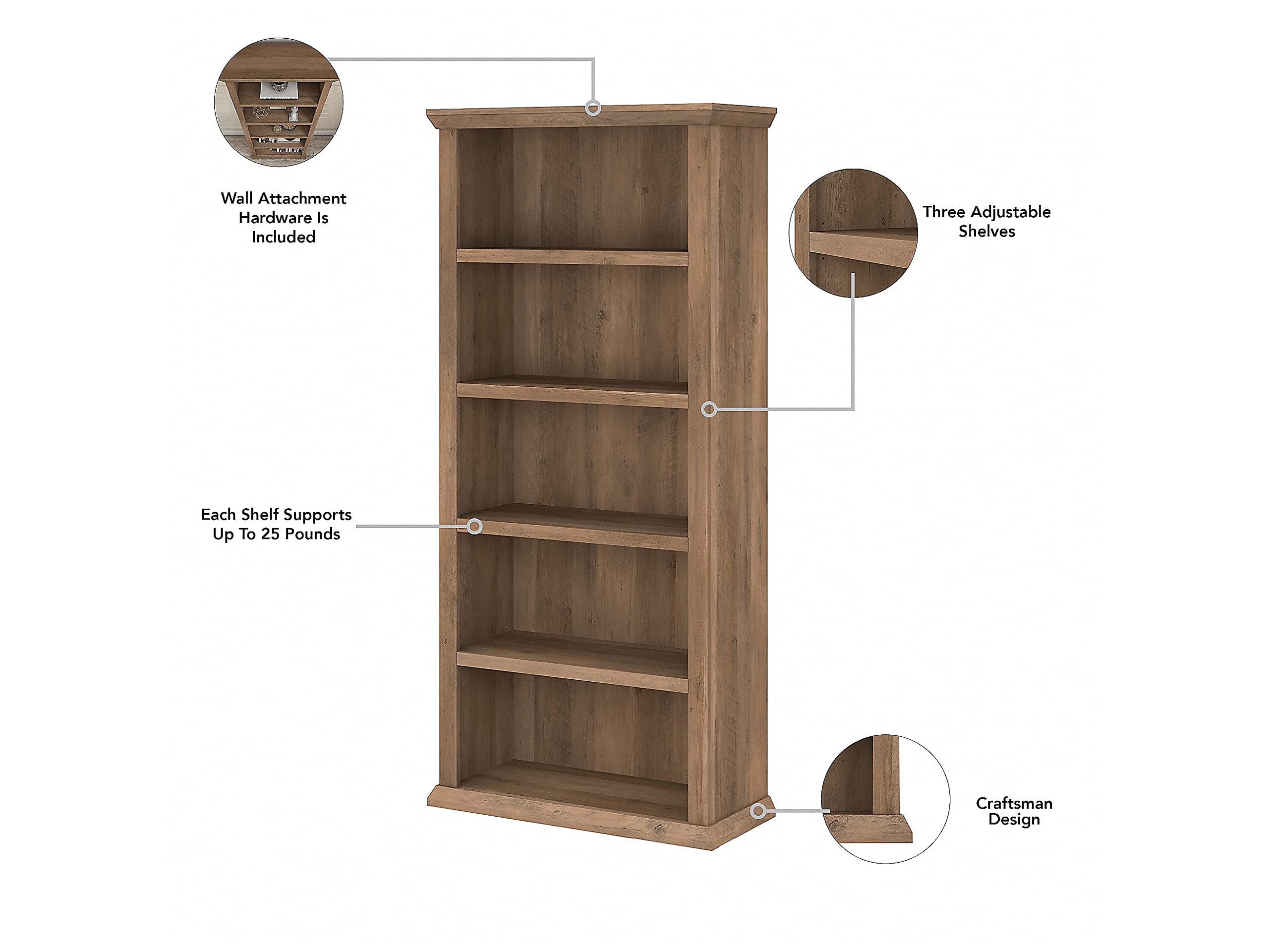Bush Furniture Yorktown Home Office Desk with 5 Shelf Bookcase, 50W, Reclaimed Pine