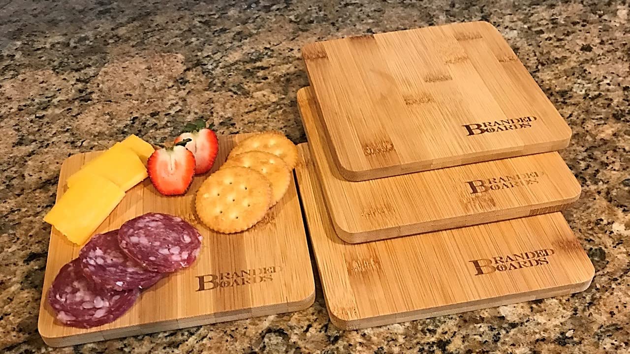 Branded Boards Small Mini All Natural Bamboo Cutting Board, Great for Apartments RV's Home Bar Backpacking Camping Bushcraft Dorm Rooms Picnics & Entertaining (4 Pack)