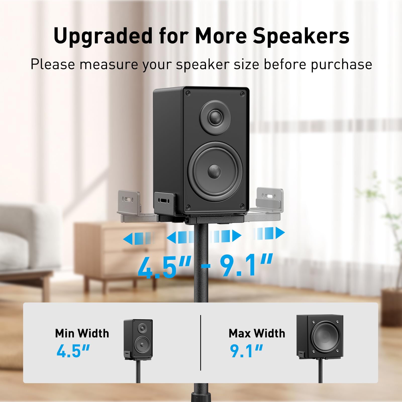PERLESMITH Universal Speaker Stands for Surround Sound, Holds up to 11LBS, Floor Speaker Stand Height Adjustable Extend 33.3” to 45.1” for Satellite Speakers & Bookshelf Speakers -1 Pair PSSS2 Black