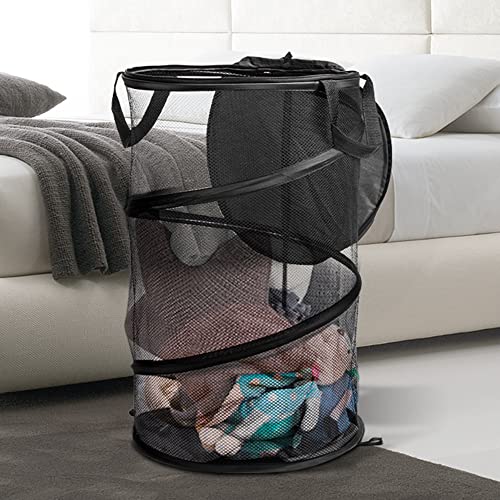 Mesh Collapsible Laundry Hamper with Lid, Large Clothing Storage Bucket with Handles,Dirty Clothes Storage Basket for The Kids Room, College Dorm or Travel (1PCS, Black)