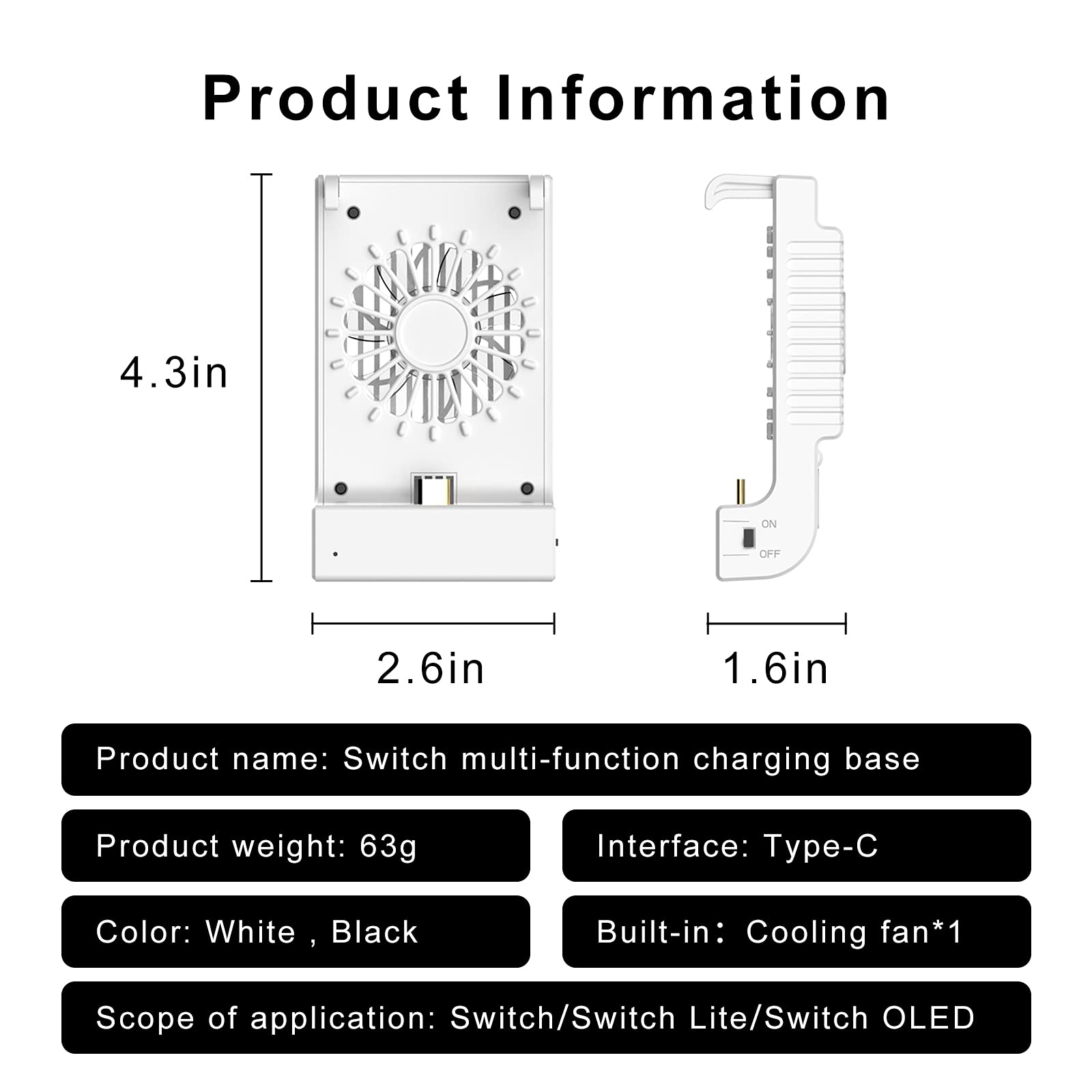Bionodr Charger Dock for Switch OLED and Switch Lite, Portable Charging Stand Cooling Station with Cooling Fan and Kickstand for Switch and Switch Lite Accessories (White), 11.5x7x3.7CM (DSS-93)