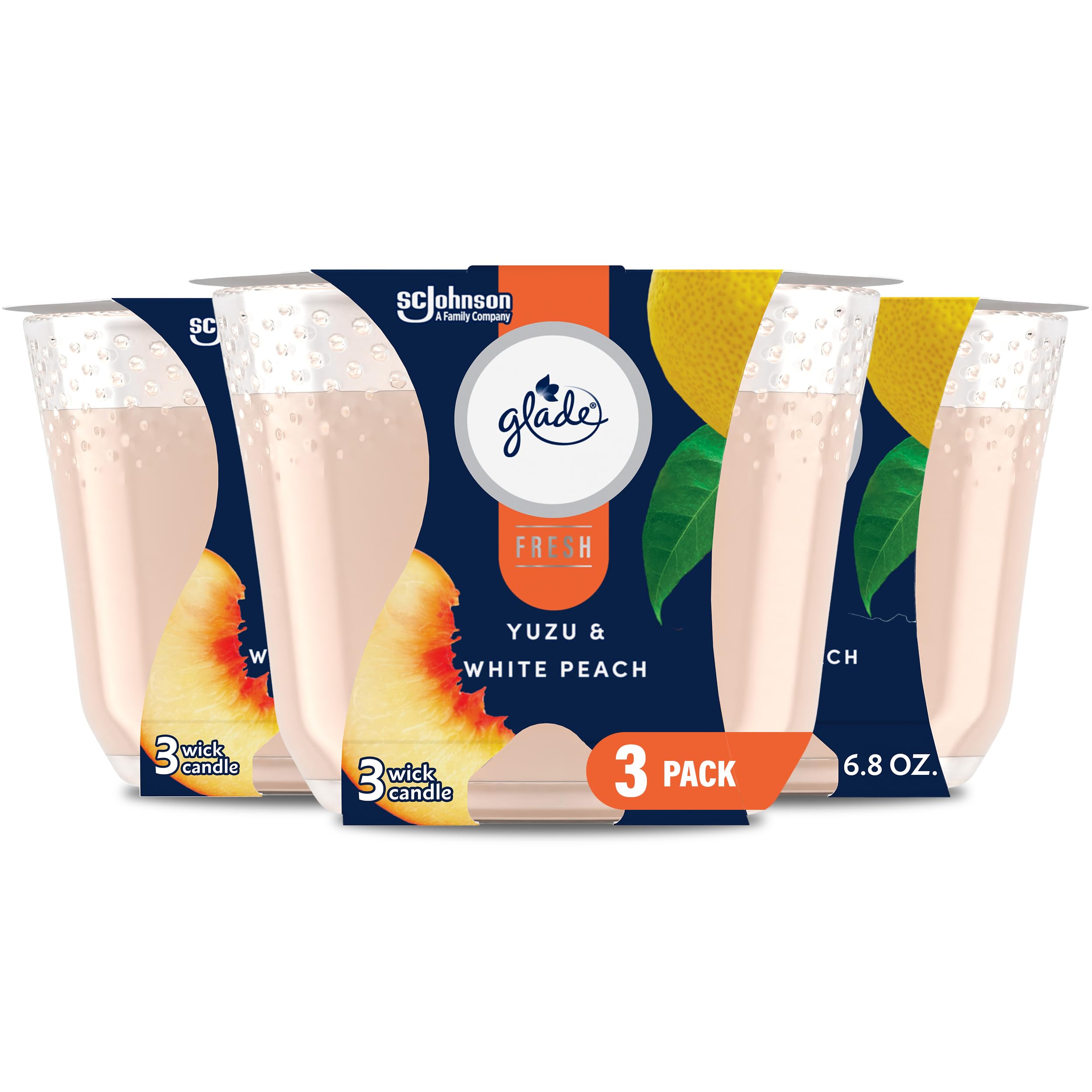 Glade Candle Yuzu & White Peach, Fresh Collection, Fragrance Candle Infused with Essential Oils, Air Freshener Candle, 3-Wick Candle, 6.8 Oz, 3 Count