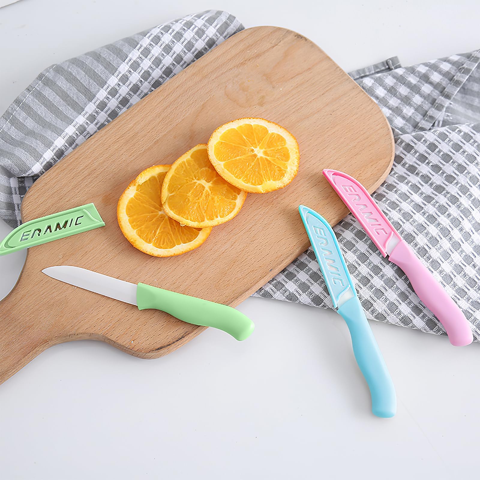 DUFEIMOY 3 Inch Ceramic Knife Set, Small Paring Knives Set of 3, Sharp Kitchen Knives with Sheath, Bright Colored Blue, Green, Pink Knife