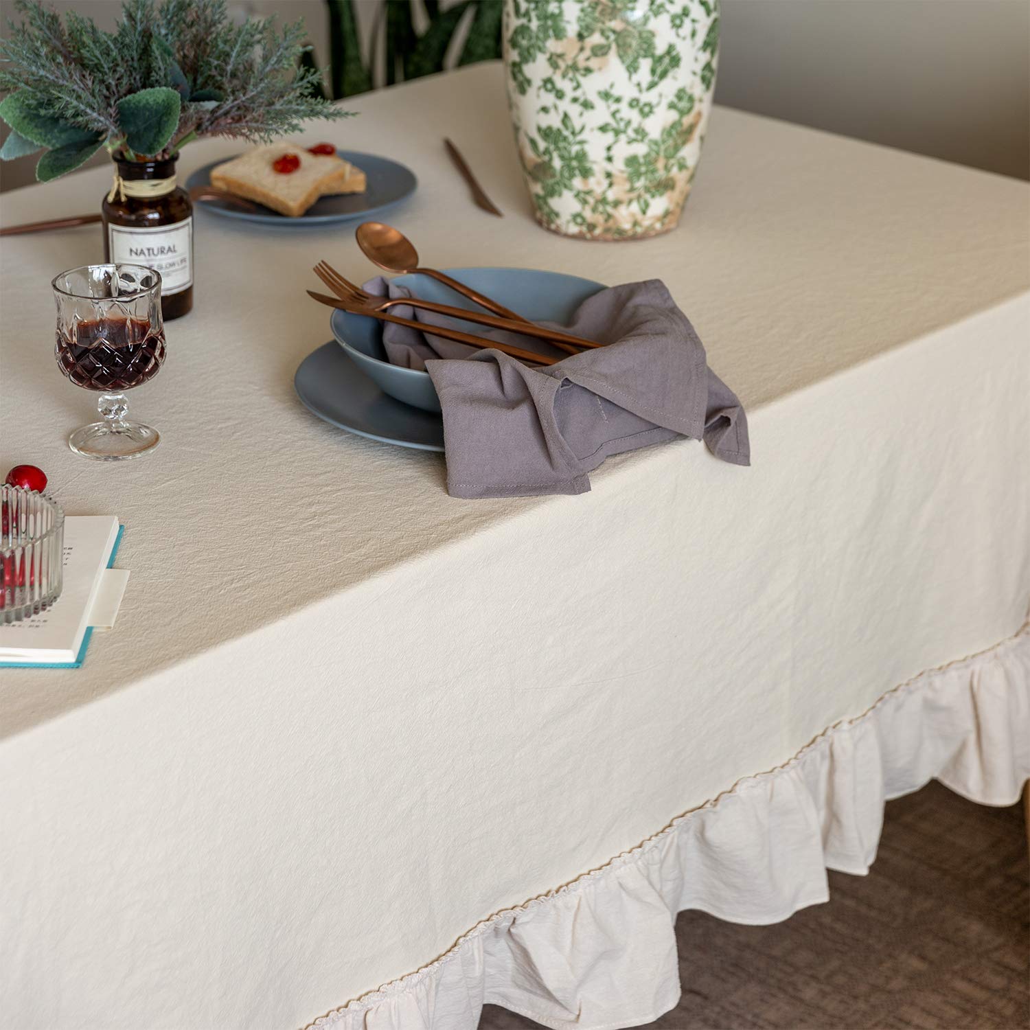 Glory Season Retro Farmhouse Ruffle Tablecloth Cotton Flounces Trim Washable Table Cover Tablecloths for Rectangle Table Baby Shower Kitchen Party Wedding Decor Off-White, 60''x120''
