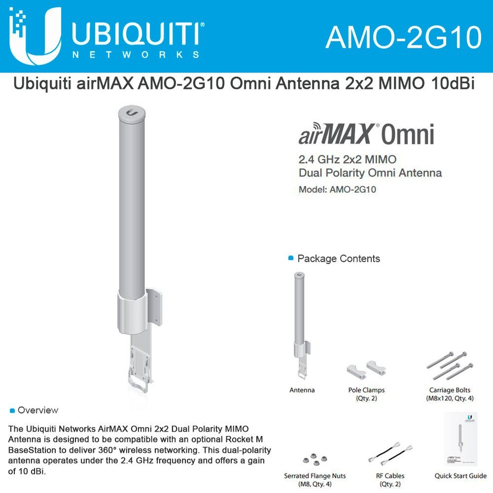 Ubiquiti AMO-2G10 2.4GHz Omni-Directional Antenna Dual-Polarizarion 10DBI