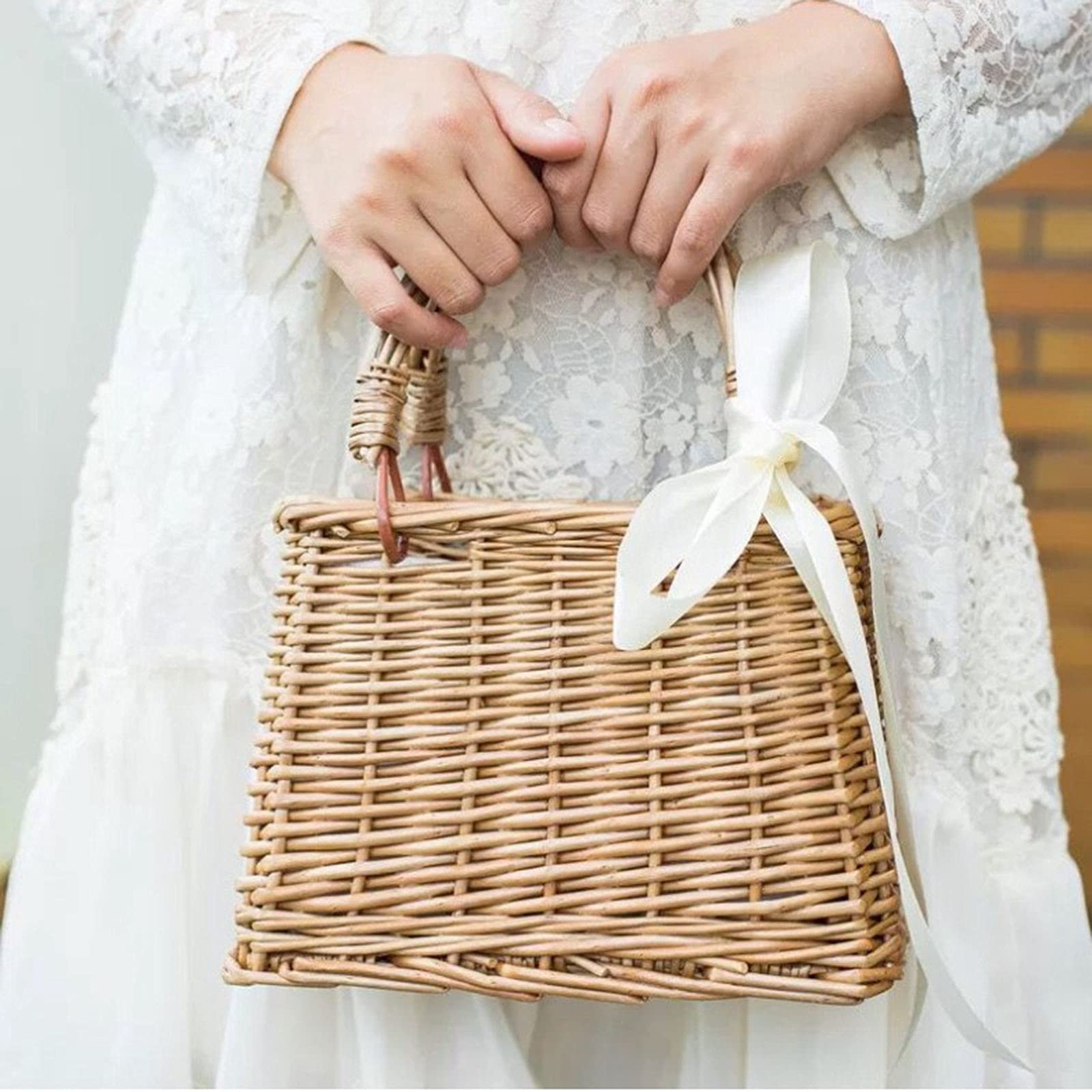 Duiaynke 1 Piece Rattan Basket Handmade Woven Tote Bag Used for Decor or Storage Grocery Basket Holiday Travel Storage Basket (Rectangle)