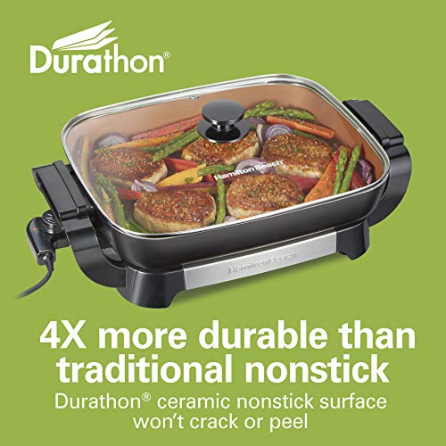 Hamilton Beach 3-in-1 Electric Indoor Grill + Griddle, 8-Serving, Reversible Nonstick Plates, Black & Durathon Ceramic Electric Skillet with Removable 12x15β Pan, Adjustable Temperature
