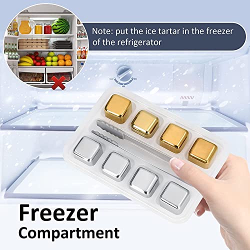 EooCoo Whiskey Stones Set, 4 Golden and 4 Silver Stainless Steel Chilling Ice Cubes Reusable for Whiskey Wine Beverage, Gift for Wedding Father's Day Anniversary Birthday Party Holiday