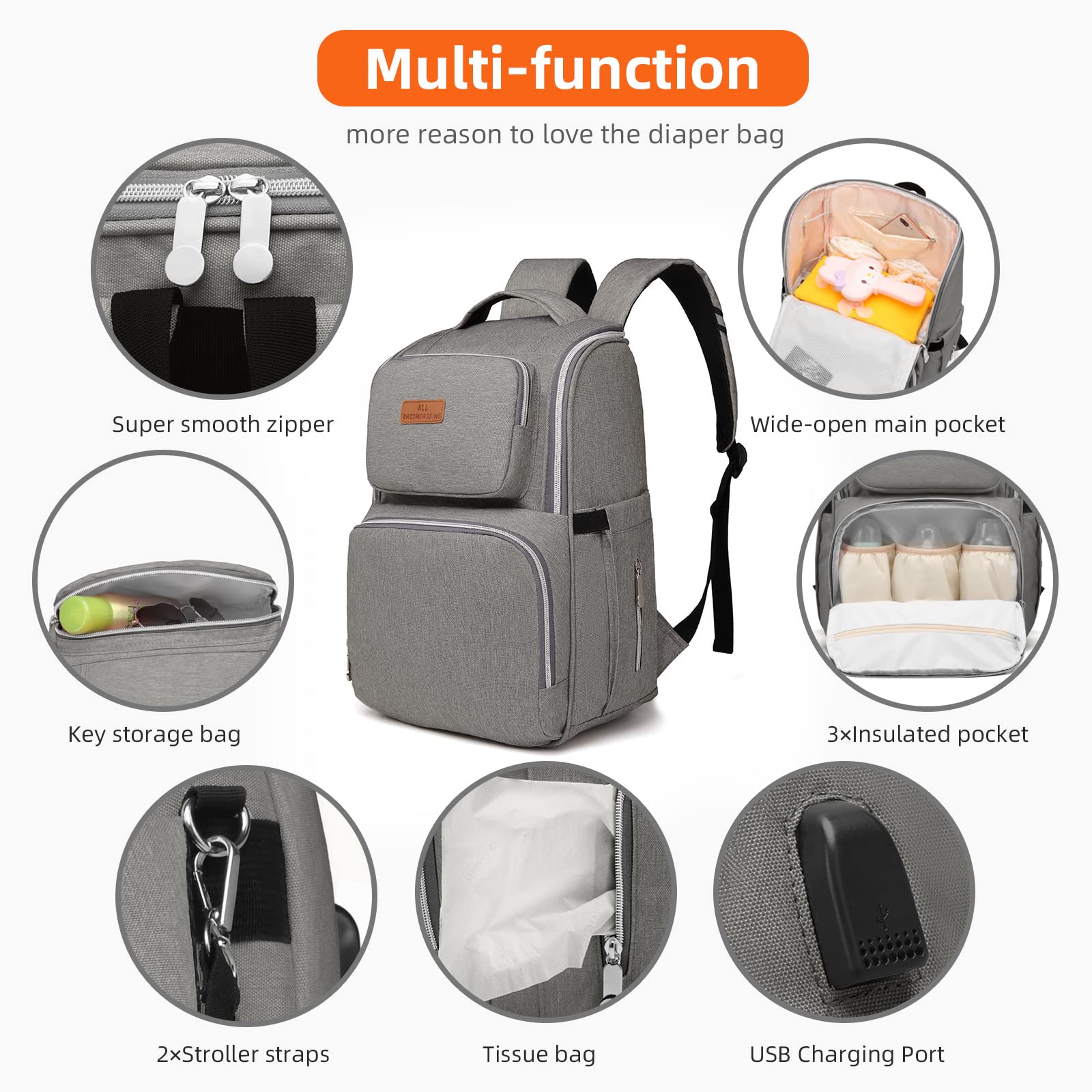 BRUSIORI Diaper Bag Backpack, Multifunction Waterproof Travel Back Pack Bag, Bay Bags with Changing Pad, Stroller Straps, Pacifier Case, Large Capacity Diaper Bag for Boys Girls, Grey