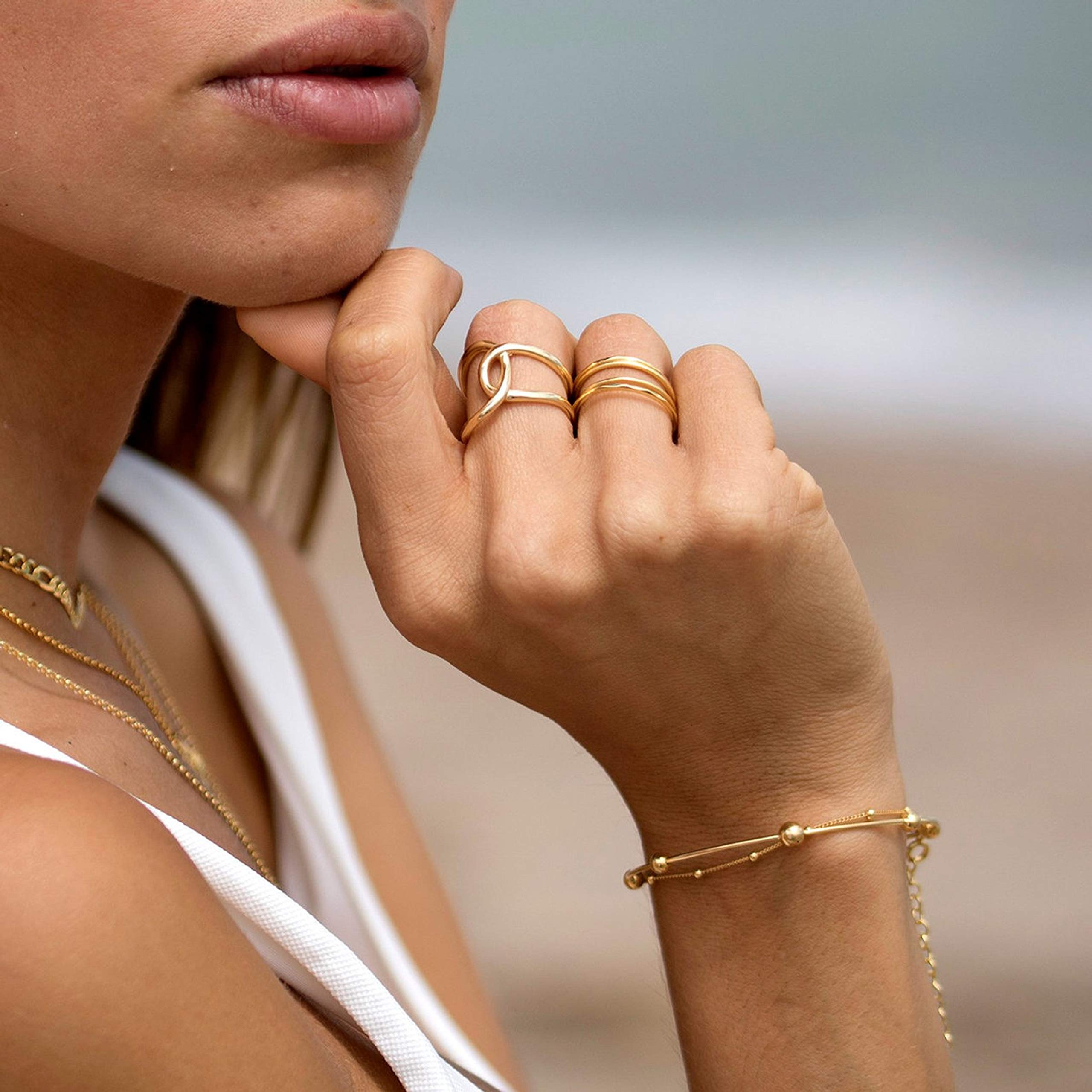 Befettly Gold Dainty V Minimalist Ring Sterling Silver Open Bar CZ Eternity Bands Circle Adjustable Ring for Women(2circle-7)