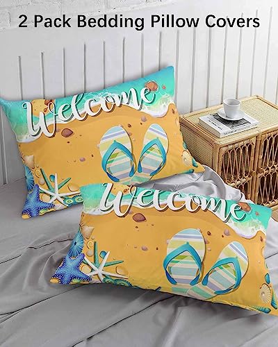 Edwiinsa Beach Pillow Covers Standard Size Set of 2 20x26 Bed Pillow, Summer Ocean Starfish Seashells Slippers Blue Sea Plush Soft Comfort for Hair/Skin Cooling Pillowcases with Envelop Closure