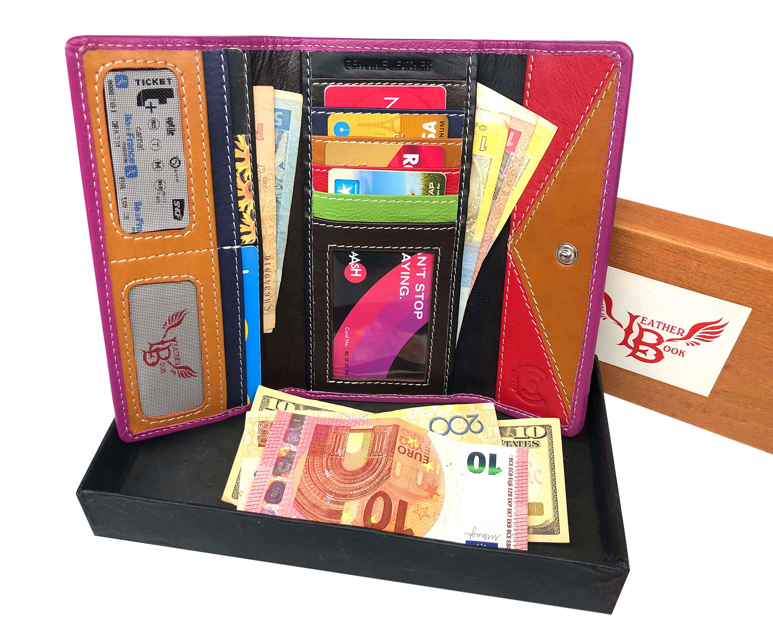 Leather Book® RFID LW-1807 Love Angles Ladies Clutch | 7” wide and Slim Ladies Wallet | 6 Card Slots | 3 card window | Three slides pockets | Malty Color Real Leather