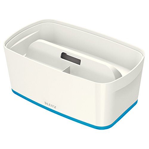 Leitz A5 MyBox Small with Lid, Storage Box for Home and Office, 5 L, High Gloss, Plastic, White/Blue Metallic;MyBox