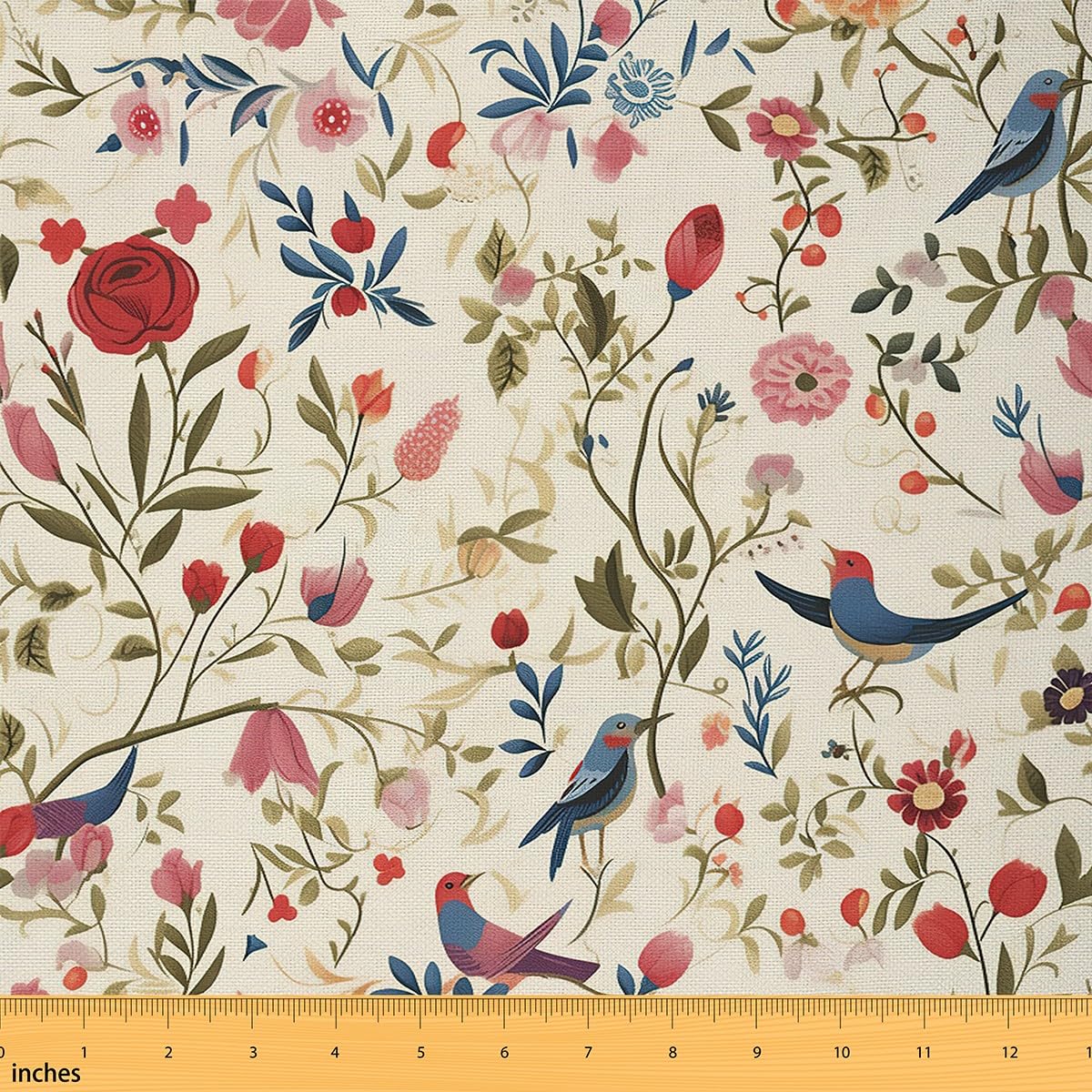 Colorful Floral Upholstery Fabric,Watercolour Birds Fabric by The Yard,Cartoon Animal Flower Pattern Decorative Fabric,Spring Garden Aesthetics Indoor Outdoor Fabric,Craft Patchwork DIY 2 Yards
