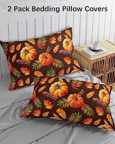 Edwiinsa Fall Pumpkin Pillow Covers Standard Size Set of 2 Bed Pillow, Brown Autumn Maple Leaves Farmhouse Plush Soft Comfort for Hair/Skin Cooling Pillowcases with Envelop Closure 20''x26''