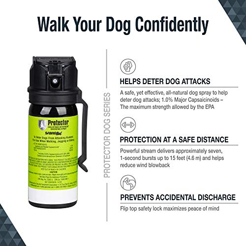 SABRE RED SABRE Protector Dog Spray with Belt Clip, 7 Bursts, Long 15-Foot (4.6-Meter) Range, Humane Dog Attack Deterrent, Maximum Strength Allowed By EPA