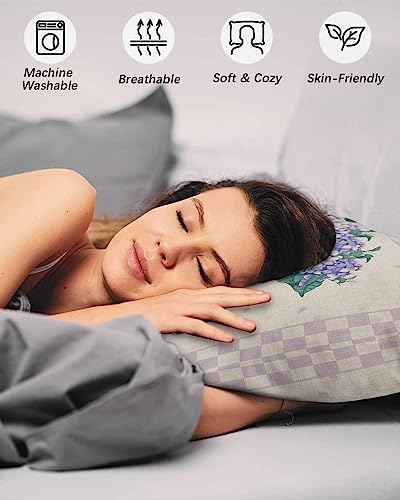 Edwiinsa Spring Floral Pillow Covers Standard Size Set of 2 Bed Pillow, Rustic Purple Plaid Summer Flowers Plush Soft Comfort for Hair/Skin Cooling Pillowcases with Envelop Closure 20''x26''