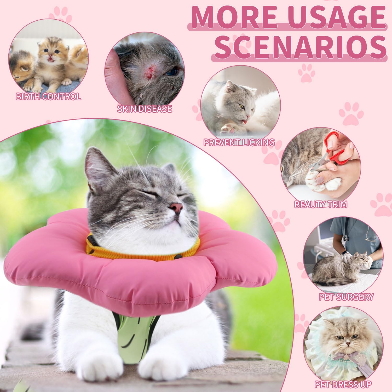 EMUST 2PCS Cat Recovery Suit and Cat Cone Collar Female, Cute Cat Surgical Suit for Abdominal Wounds or Skin Diseases, Adjustable Flower Neck Cat Cone Collar Soft for Cats 4-8lb(Green, M)