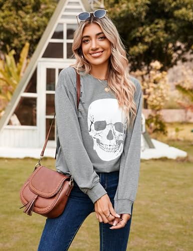 Blooming Jelly Women's Halloween Sweatshirts Skull Graphic T Shirts Long Sleeve Pullover Gothic Fall Trendy Outfits 2024 (Large, Grey)