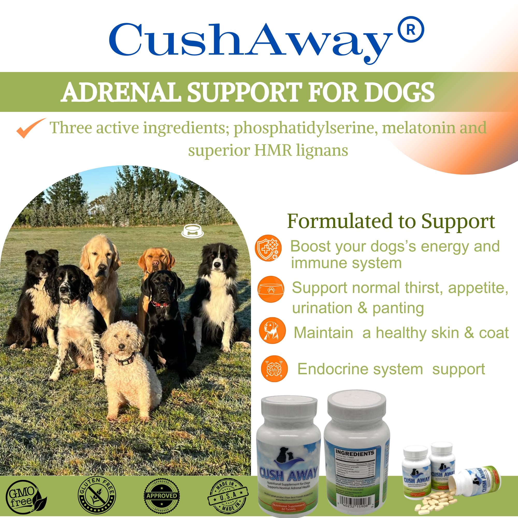 CushAway 60Tabs HMR Lignans and Melatonin for Small to Large Dogs Cushing Treatment Dogs Adrenal Support Supplements Improves Overall Well-Being Phosphatidylserine 90mg Melatonin 3.5mg HMR lignans24mg